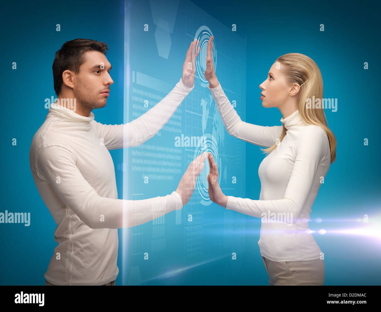 man and woman working with virtual screens Stock Photo - Alamy