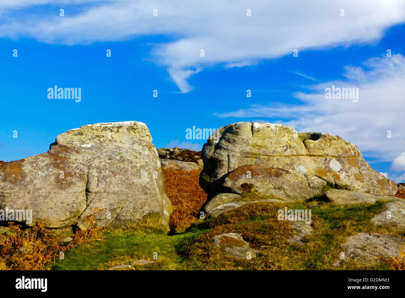 Gritstone rocks at Carl Wark an iron age hill fort near Hathersage in ...