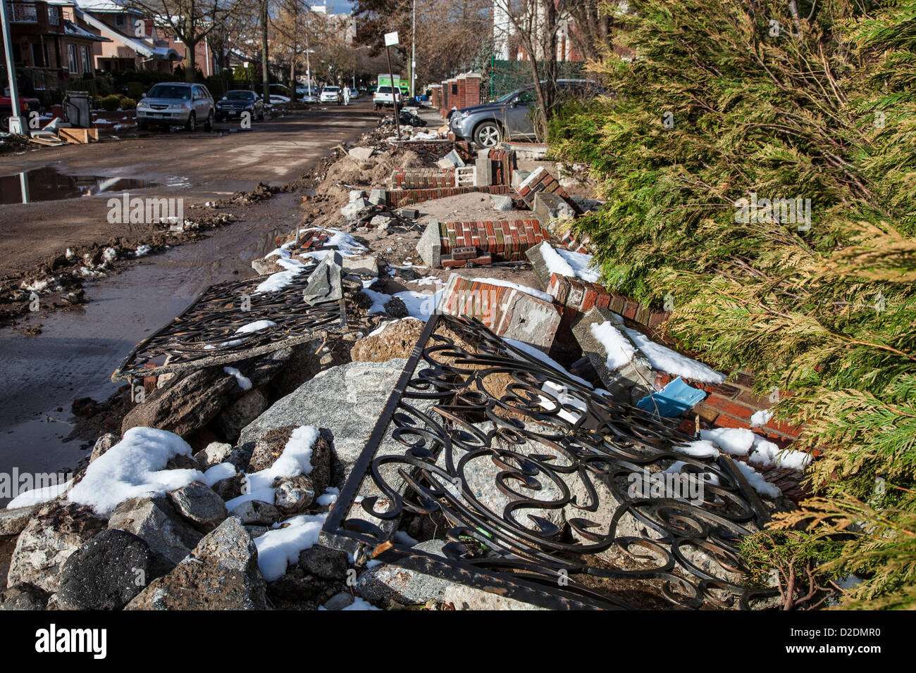 NEW YORK - NOVEMBER 8, 2012: Debris and broken fence near flooded and ...