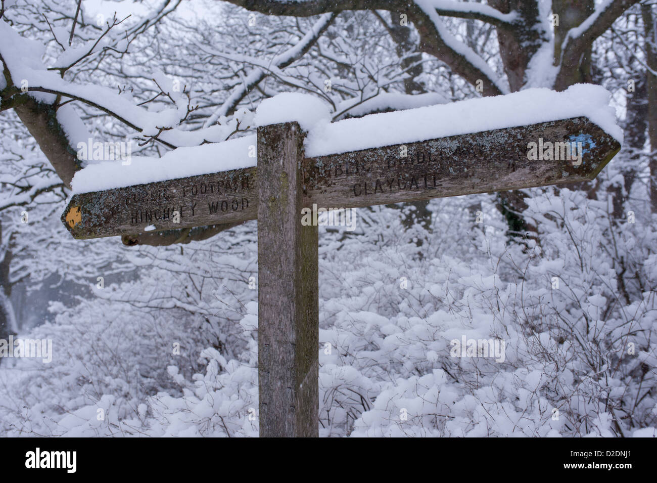 Footpath sign covered in snow, January, Telegraph Hill, Claygate, Esher ...