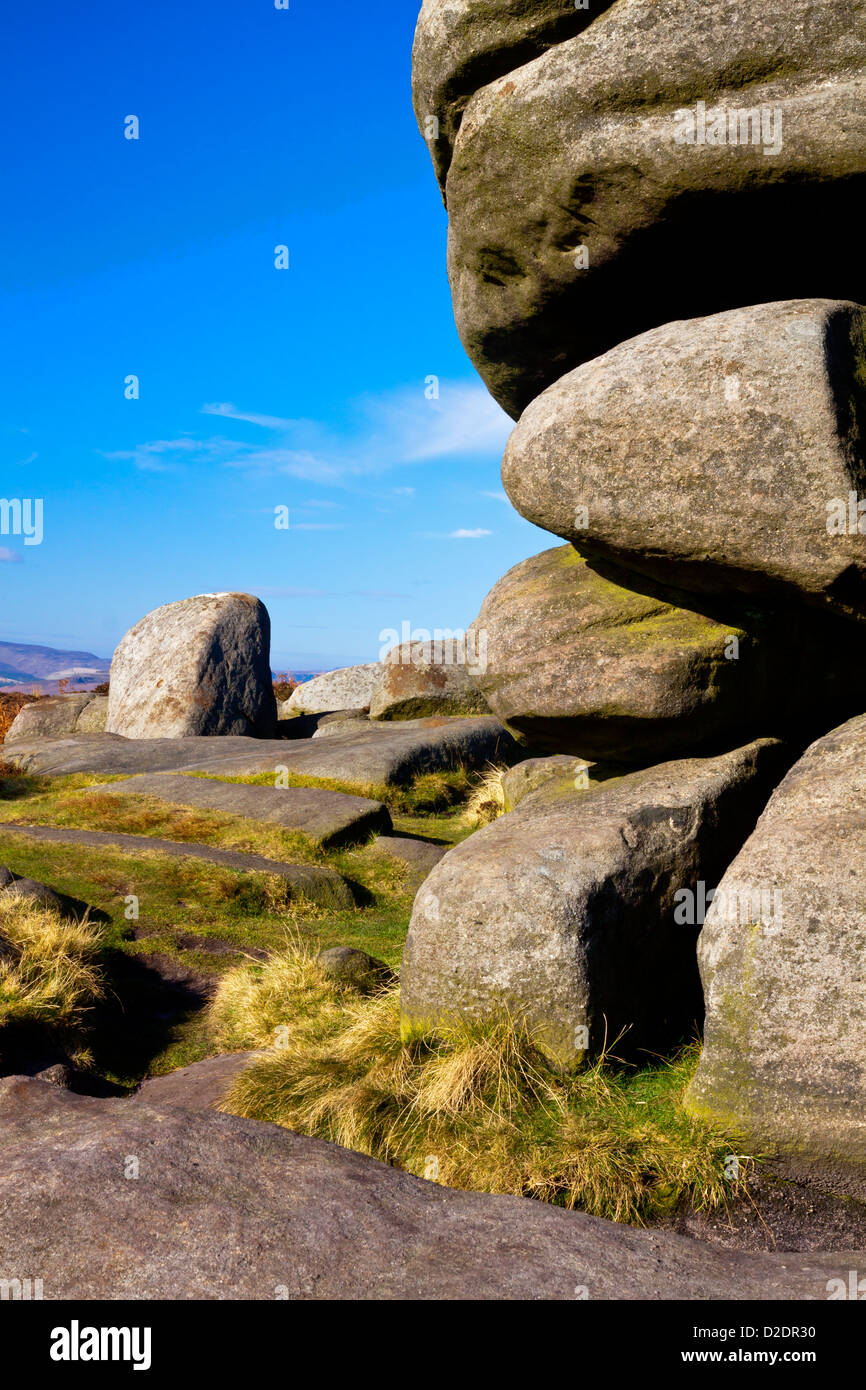 Gritstone rocks at Higger Tor near Hathersage in the Dark Peak area of ...