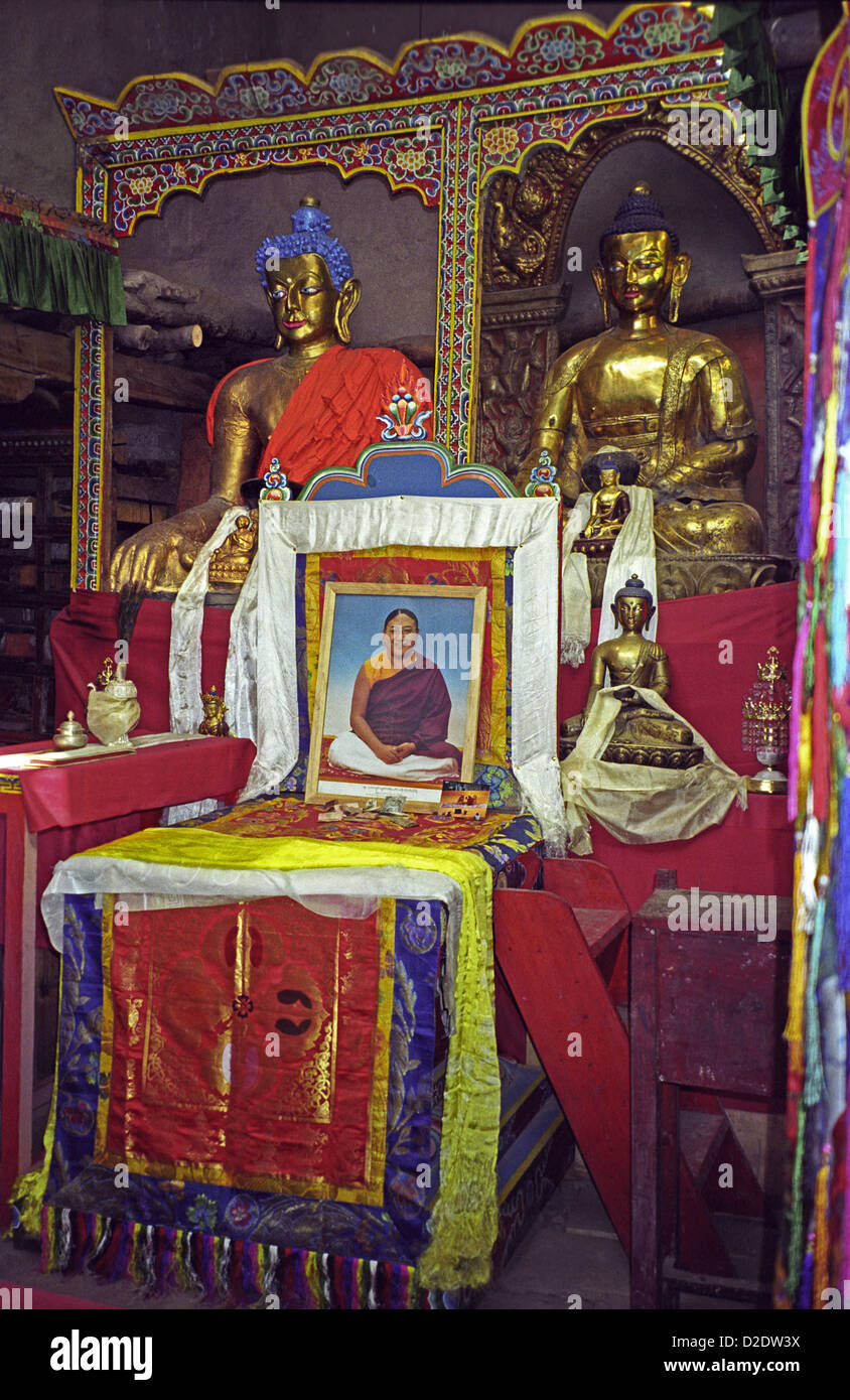 Buddha statues offerings and paintings inside Sakya Gompa temple at ...