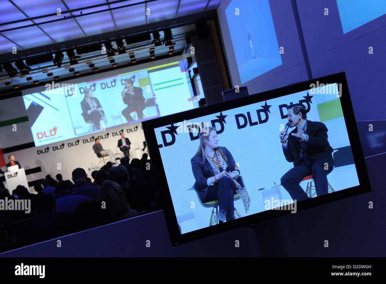 MUNICH/GERMANY - JANUARY 21: two speakers are displayed on a screen ...