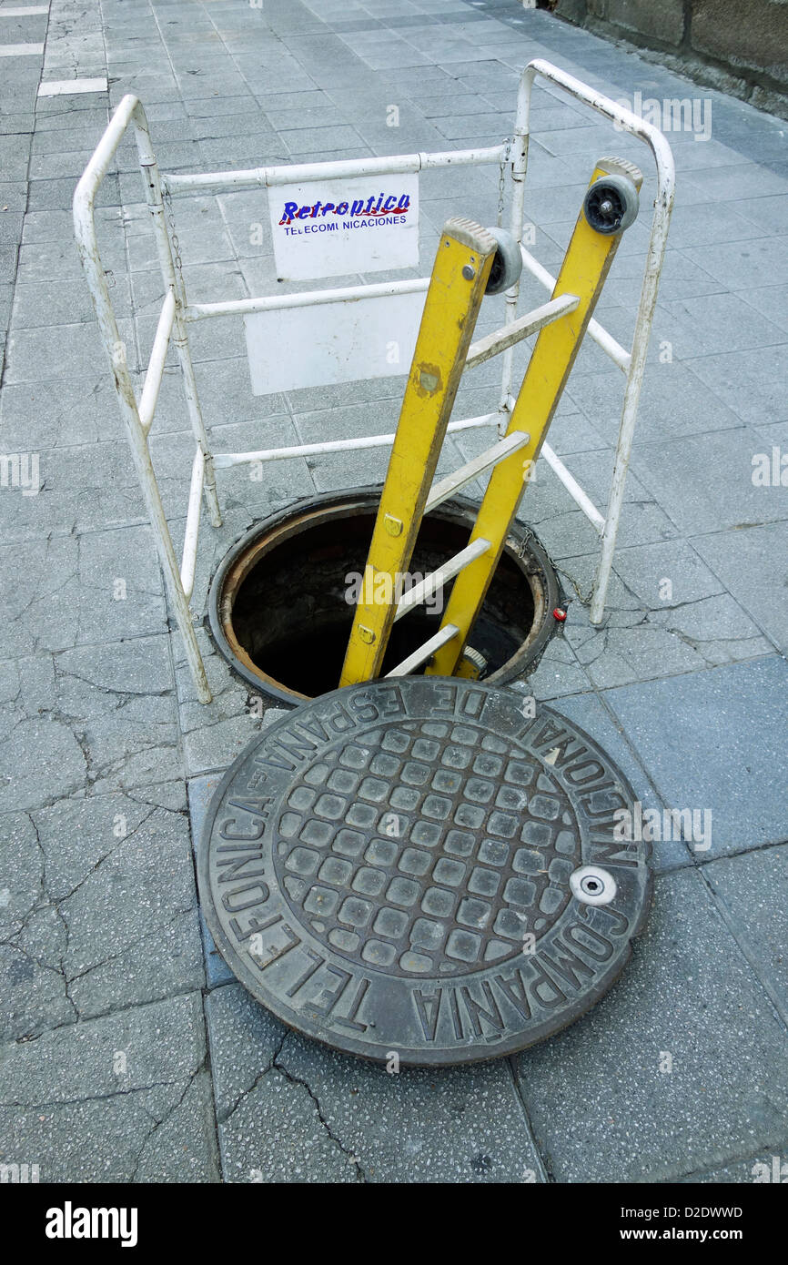 manhole ladder worker street inside sidewalk danger Stock Photo - Alamy