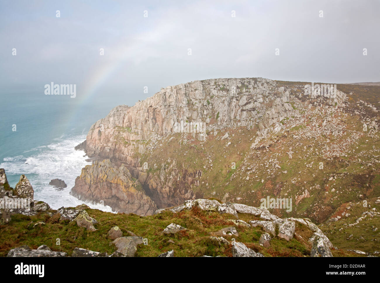 Rainbow arching over Bosigran sea cliff near Zennor Cornwall UK Stock ...