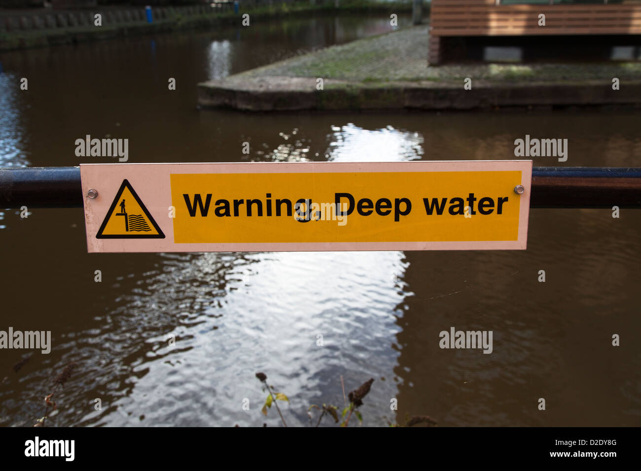Yellow sign saying Warning, Deep water Stock Photo - Alamy