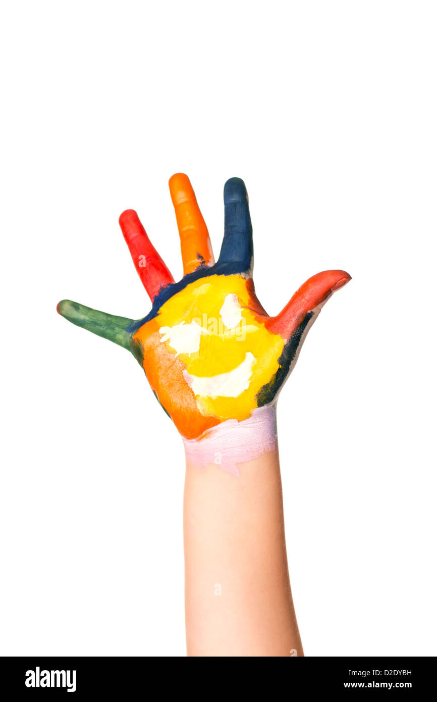 Colored hand with smile painted in colorful paints as logo. Isolated on ...