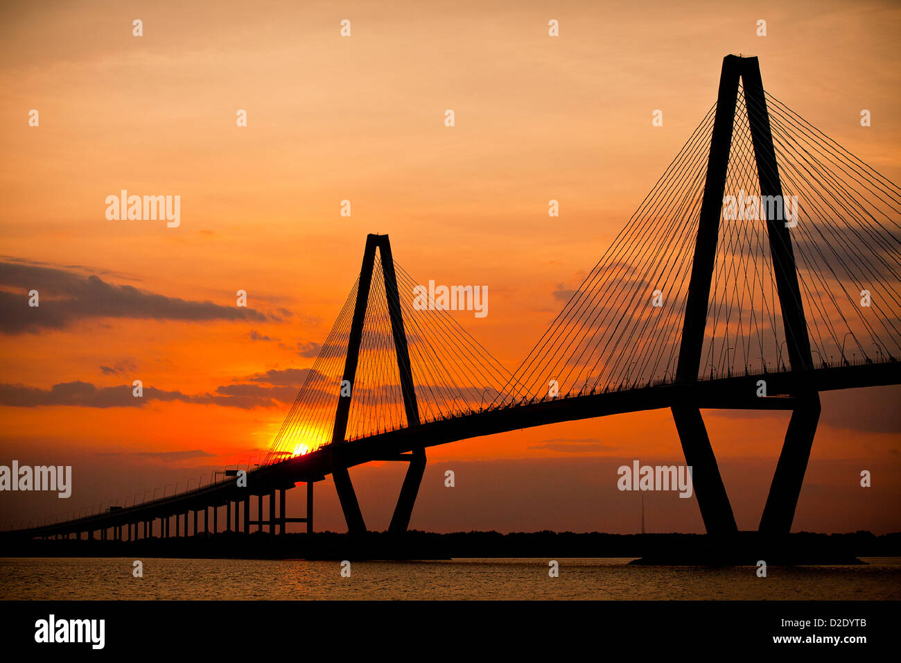 Sunset over the Arthur Ravenel Jr. bridge in Charleston, SC Stock Photo ...