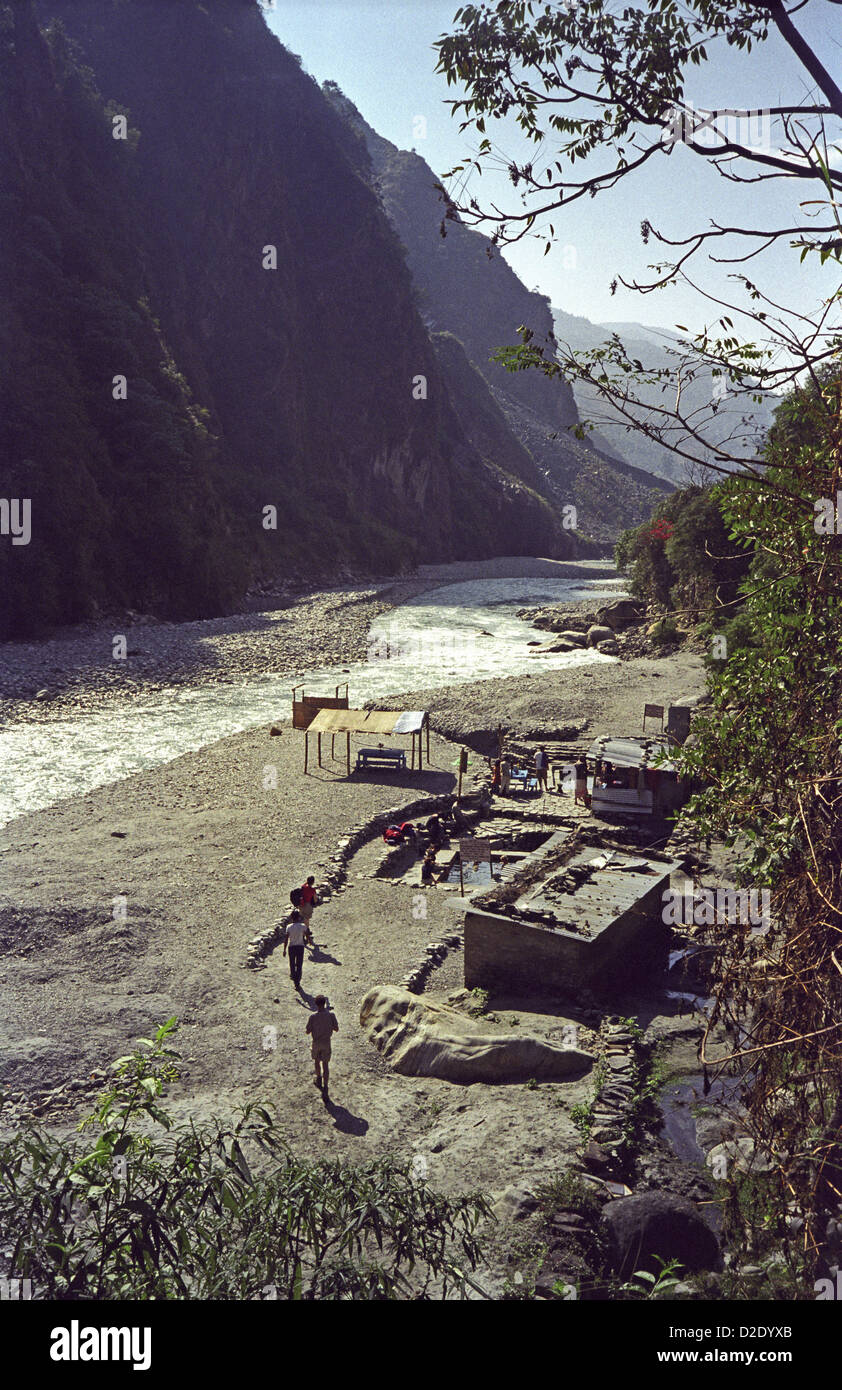 Hot springs and bathing pools at Tatopani in Kali Gandaki river valley ...