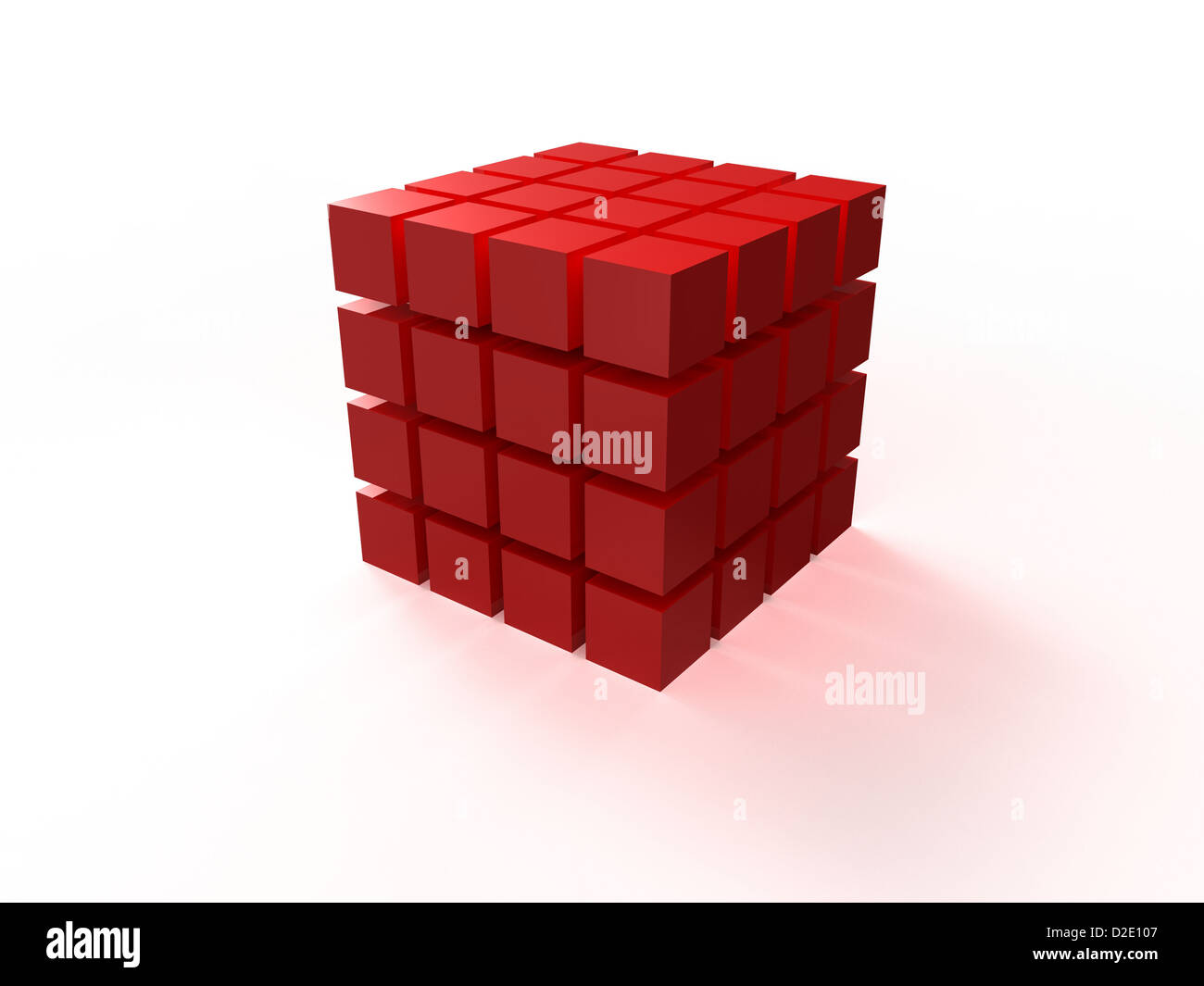 4x4 Red Ordered Cube Assembling From Blocks Isolated On White