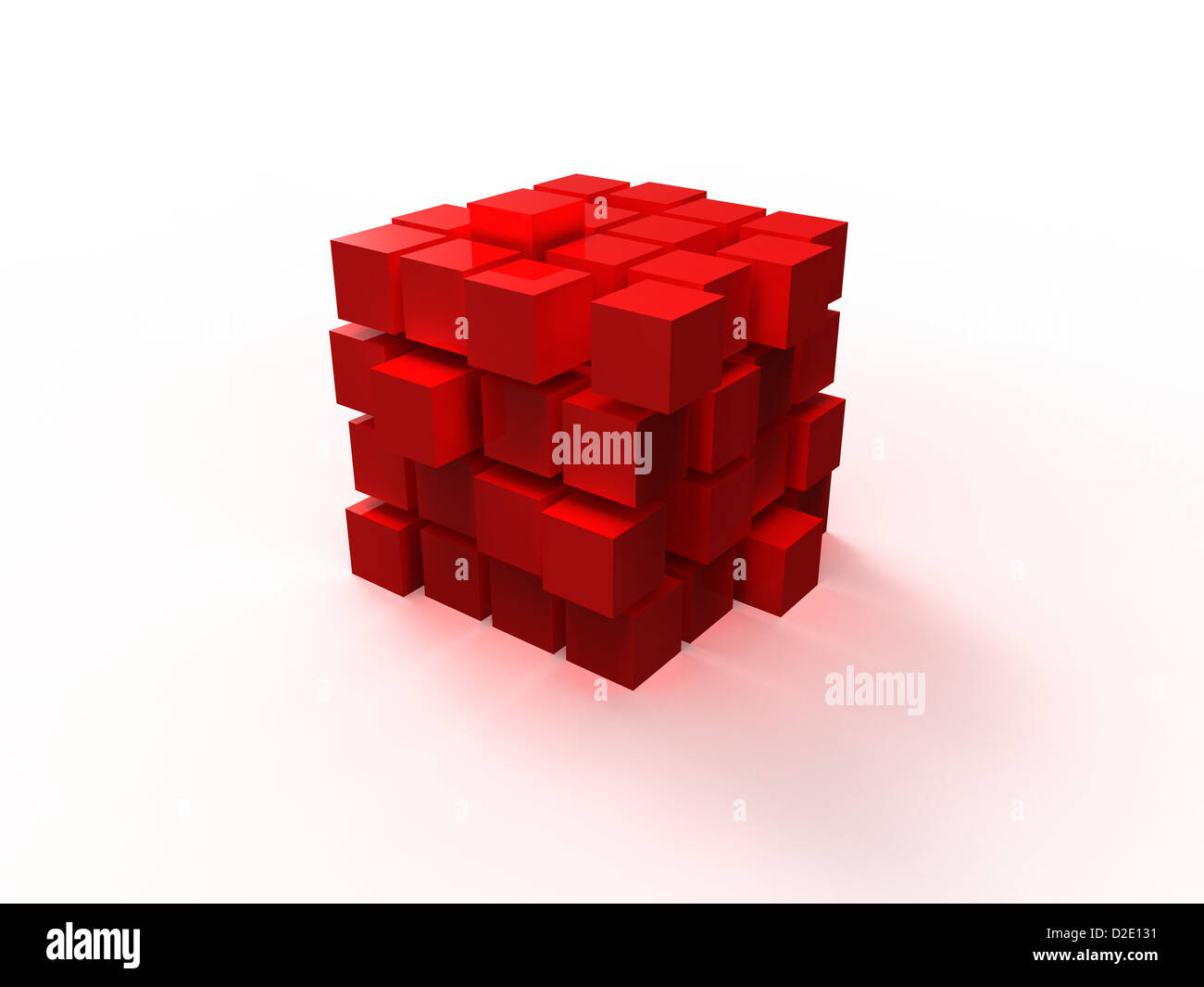 4x4 red disordered cube assembling from blocks isolated on white ...