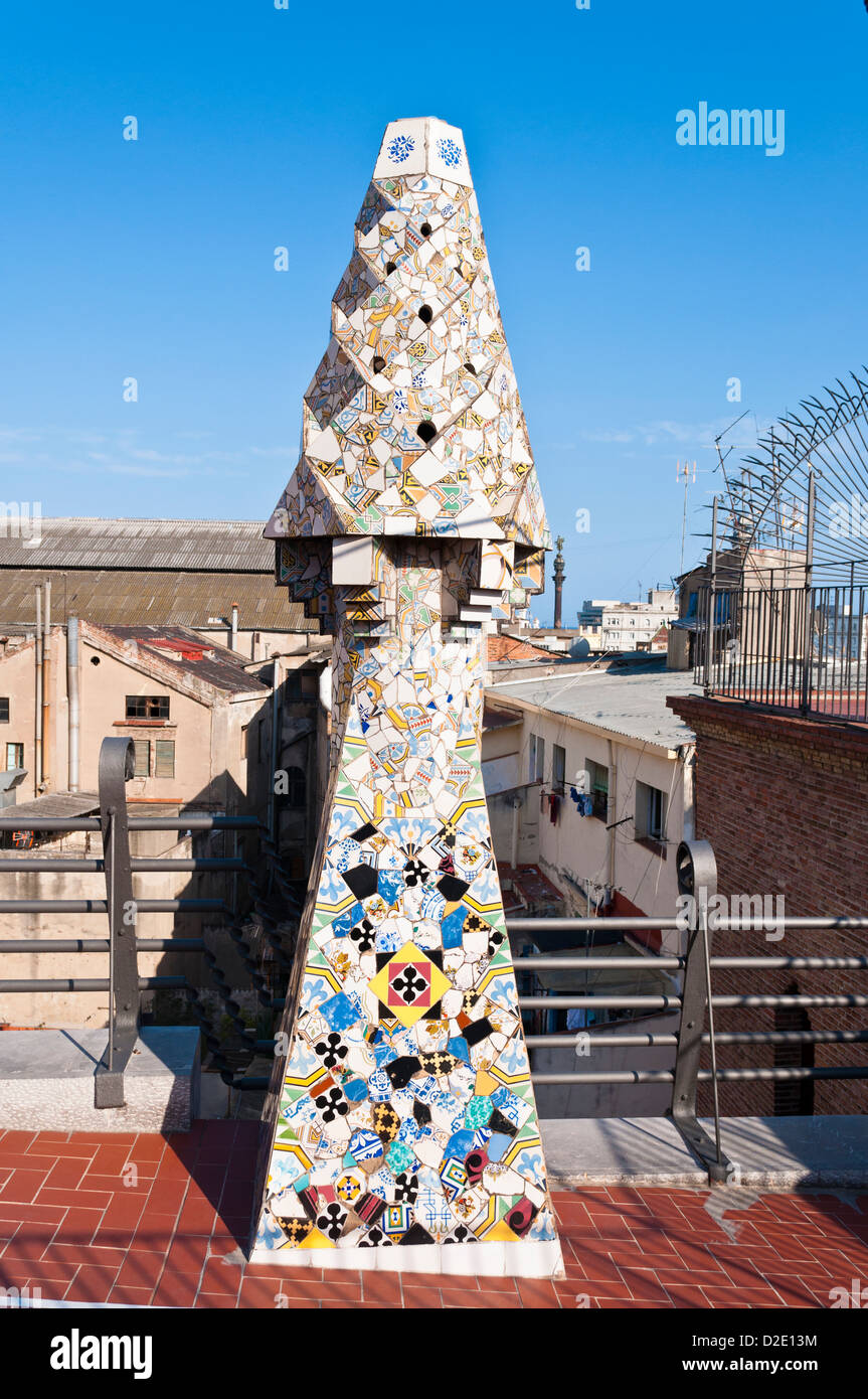 Colorful mosaic chimney, Palau Güell by Antoni Gaudi, Barcelona ...