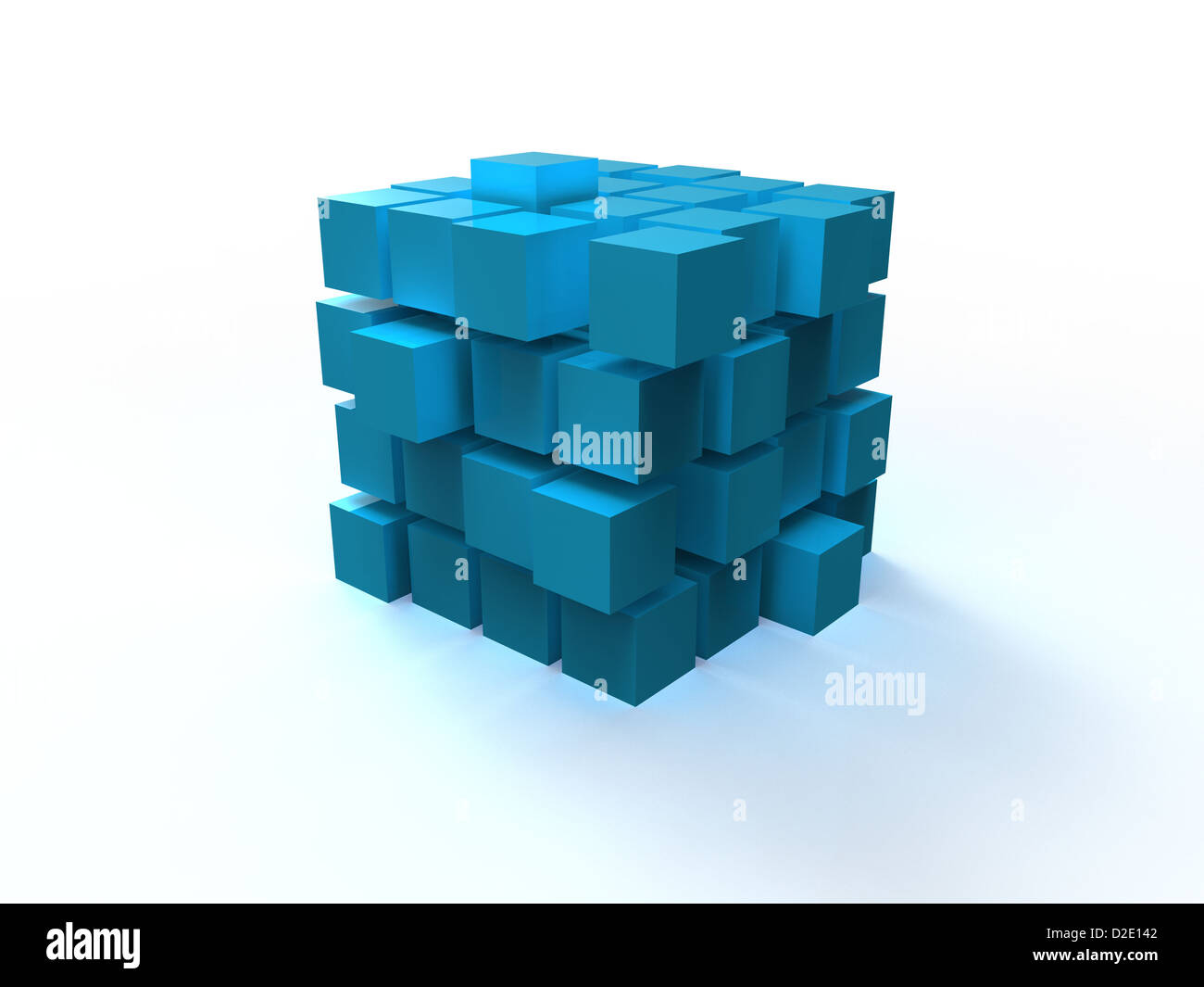 4x4 blue disordered cube assembling from blocks isolated on white ...