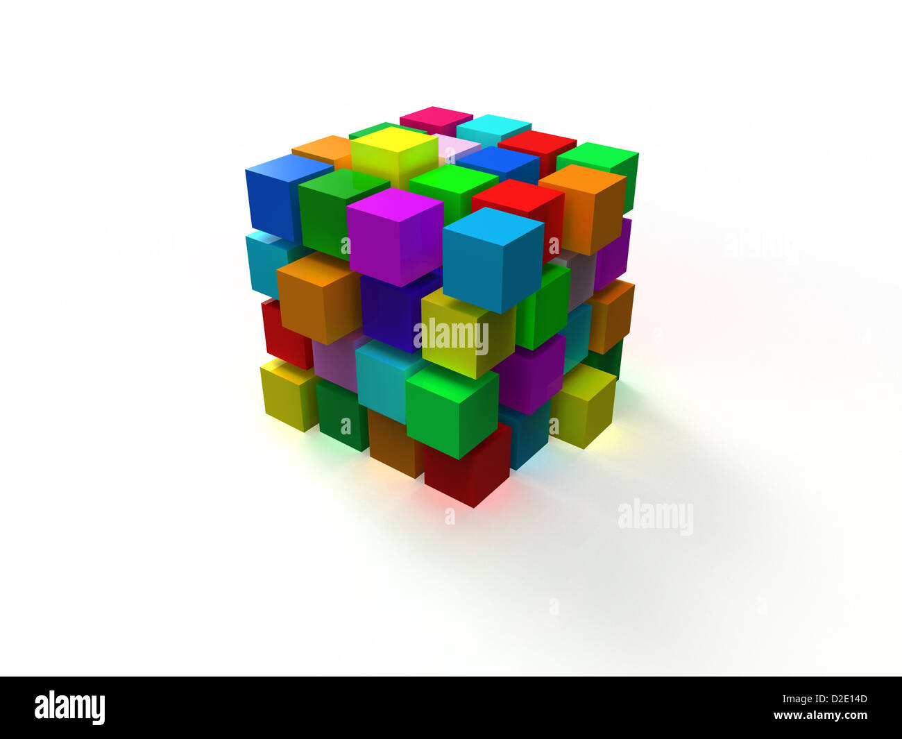 4x4 Colorful Disordered Cube Assembling From Blocks Isolated On White