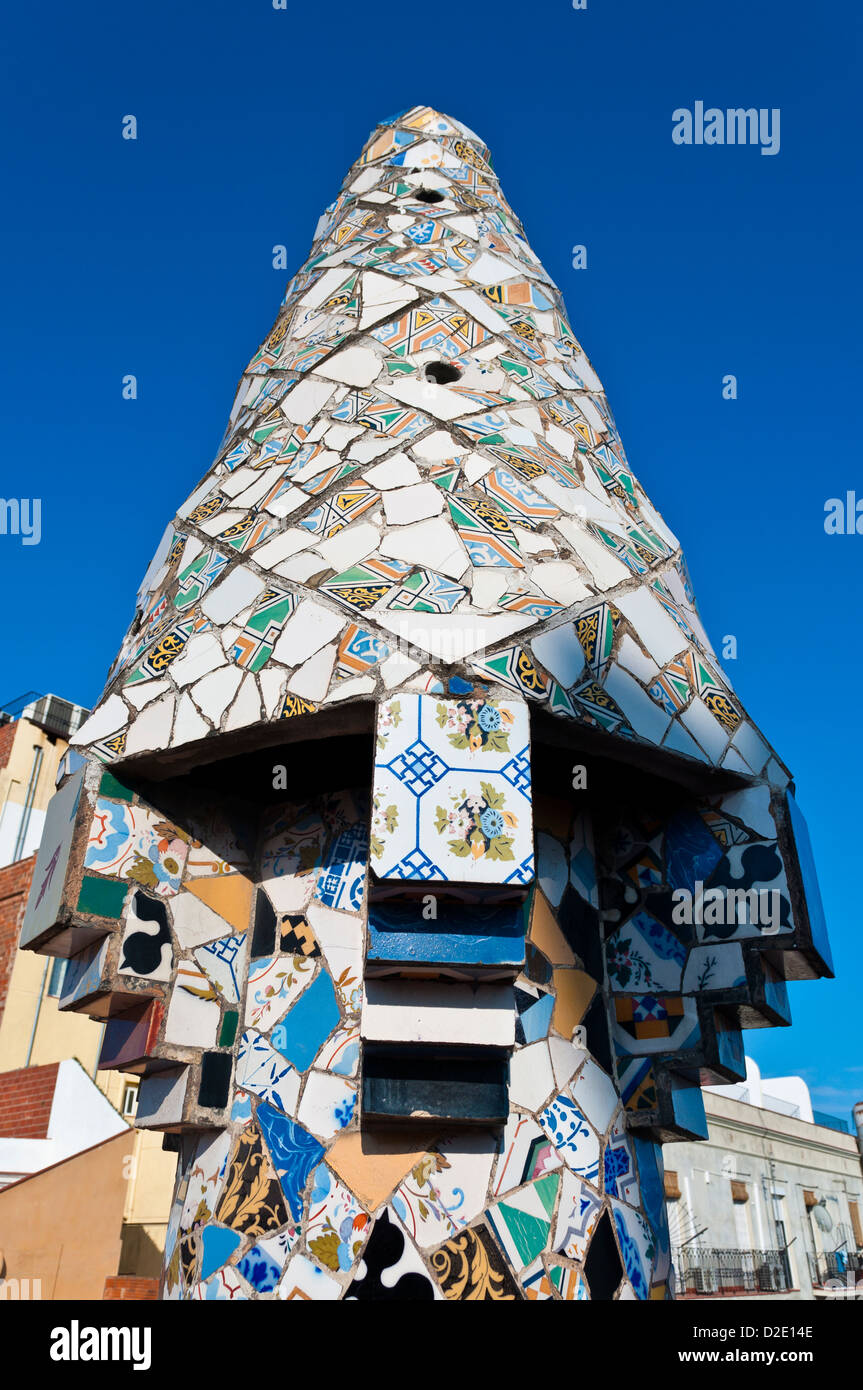 Colorful mosaic chimney, Palau Güell by Antoni Gaudi, Barcelona ...