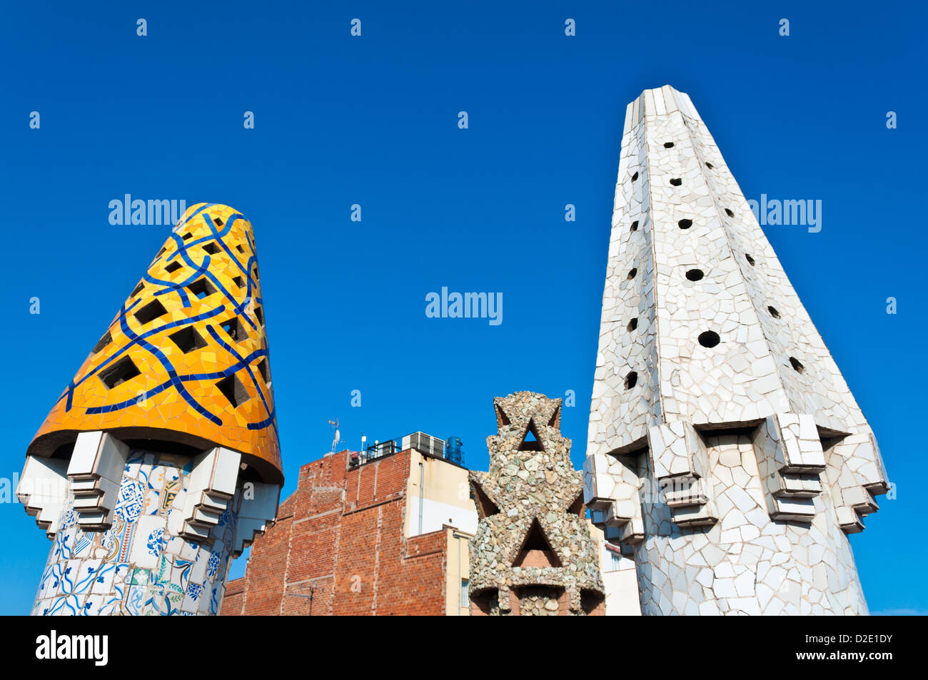 Colorful mosaic chimney, Palau Güell by Antoni Gaudi, Barcelona ...