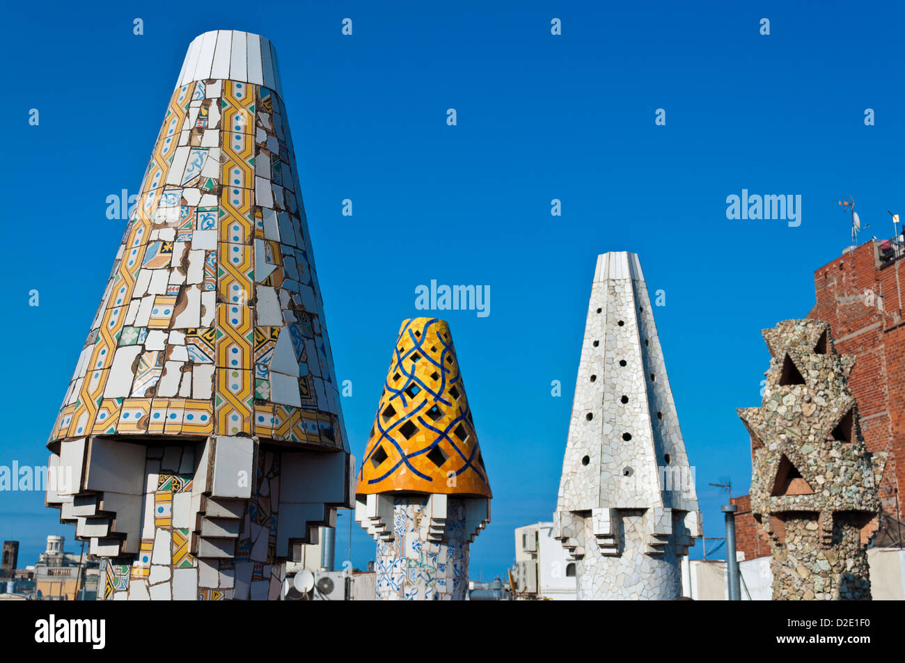 Colorful mosaic chimney, Palau Güell by Antoni Gaudi, Barcelona ...