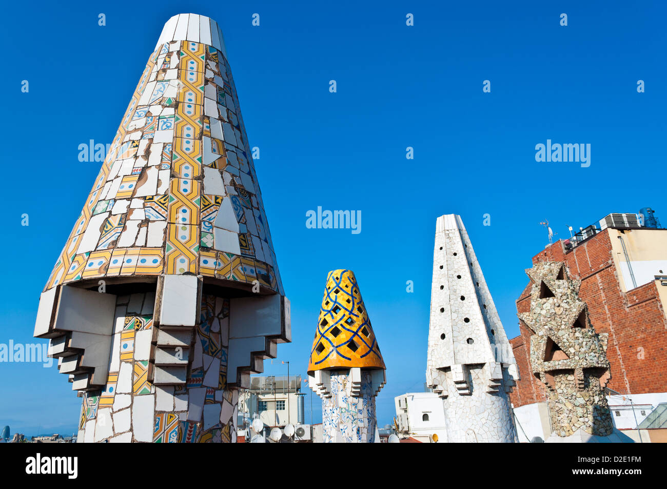 Colorful mosaic chimney, Palau Güell by Antoni Gaudi, Barcelona ...