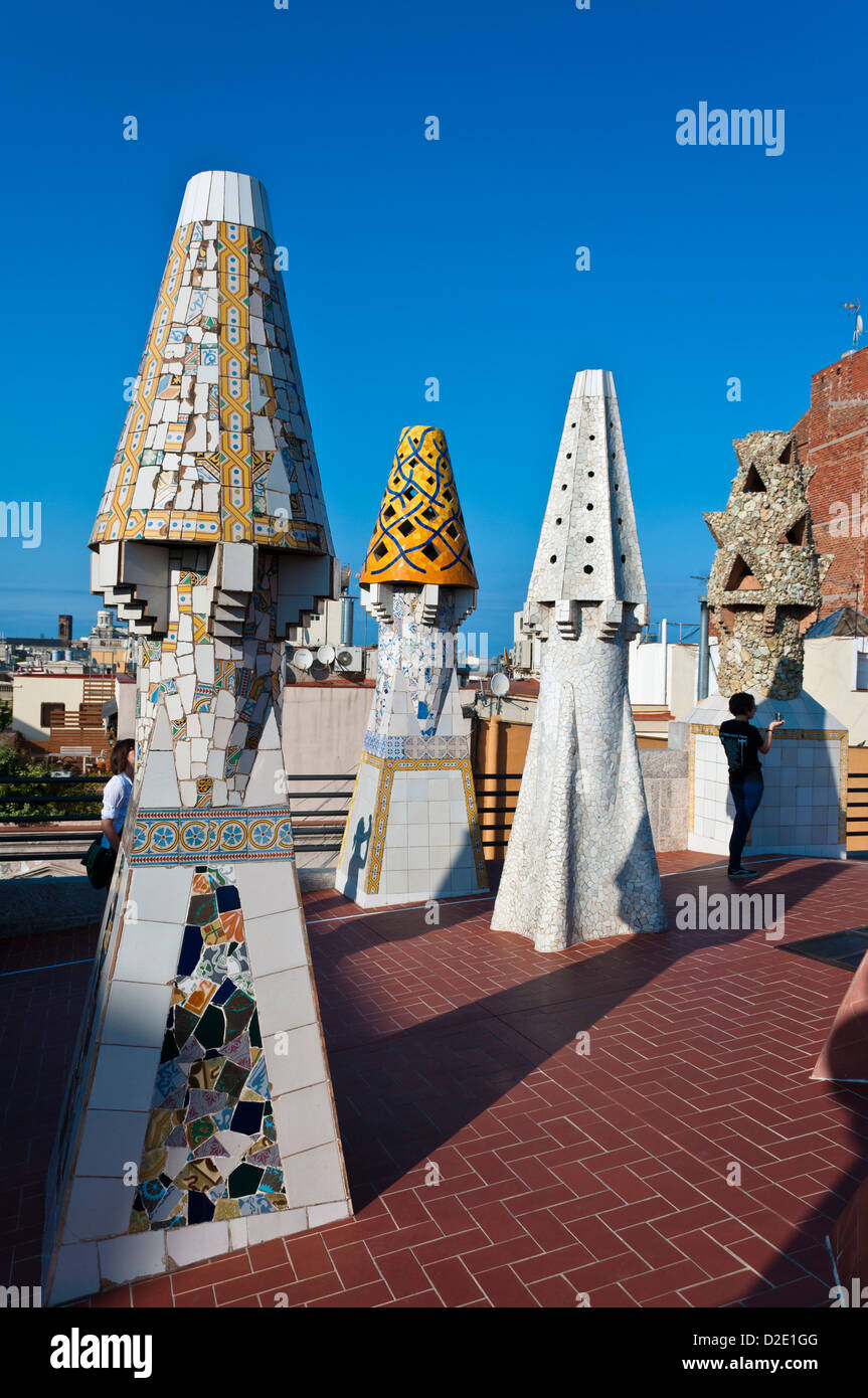 Colorful mosaic chimney, Palau Güell by Antoni Gaudi, Barcelona ...
