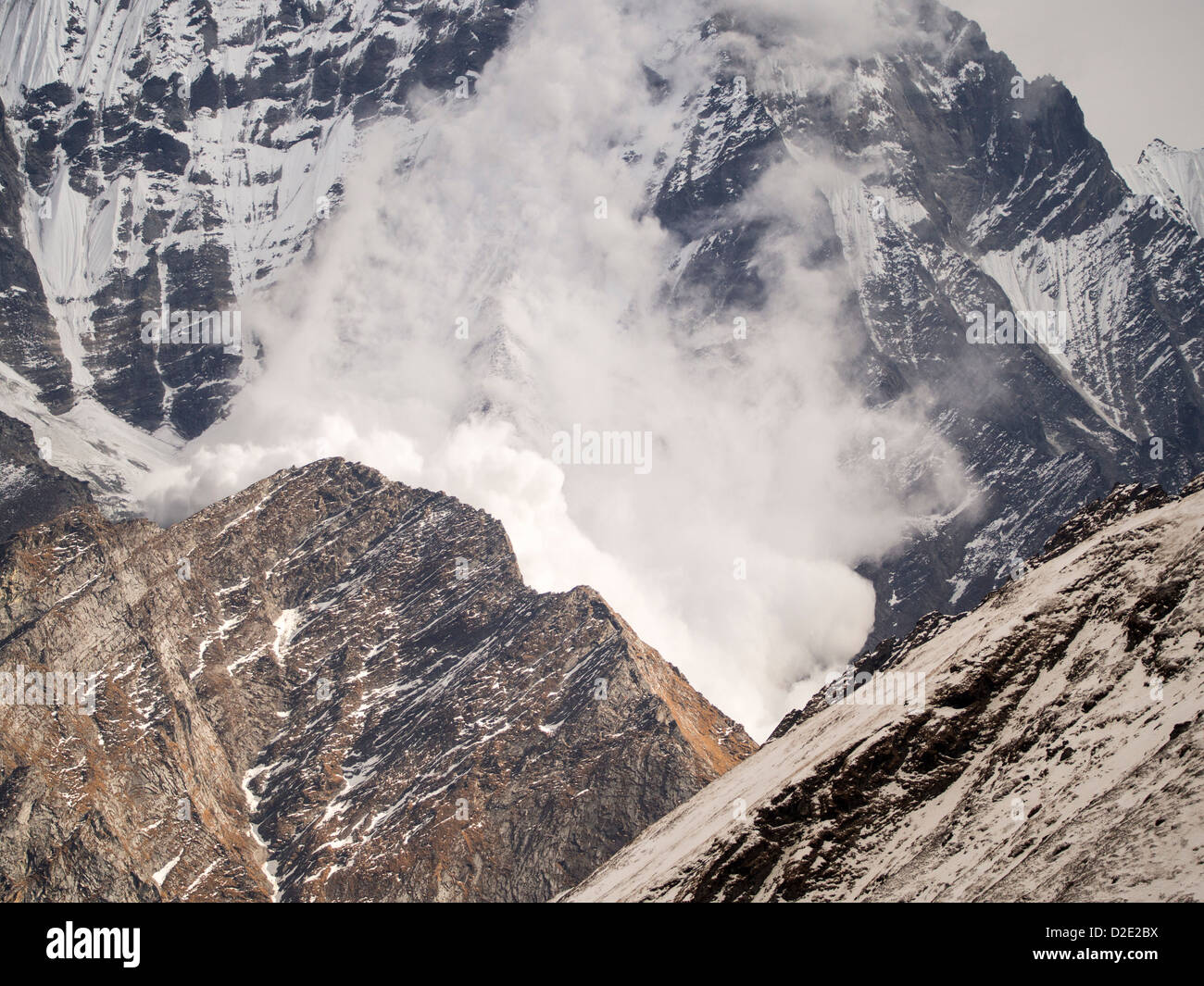 An avalanche on Machapuchare or Fishtail Peak in the Annapurna Himalaya ...