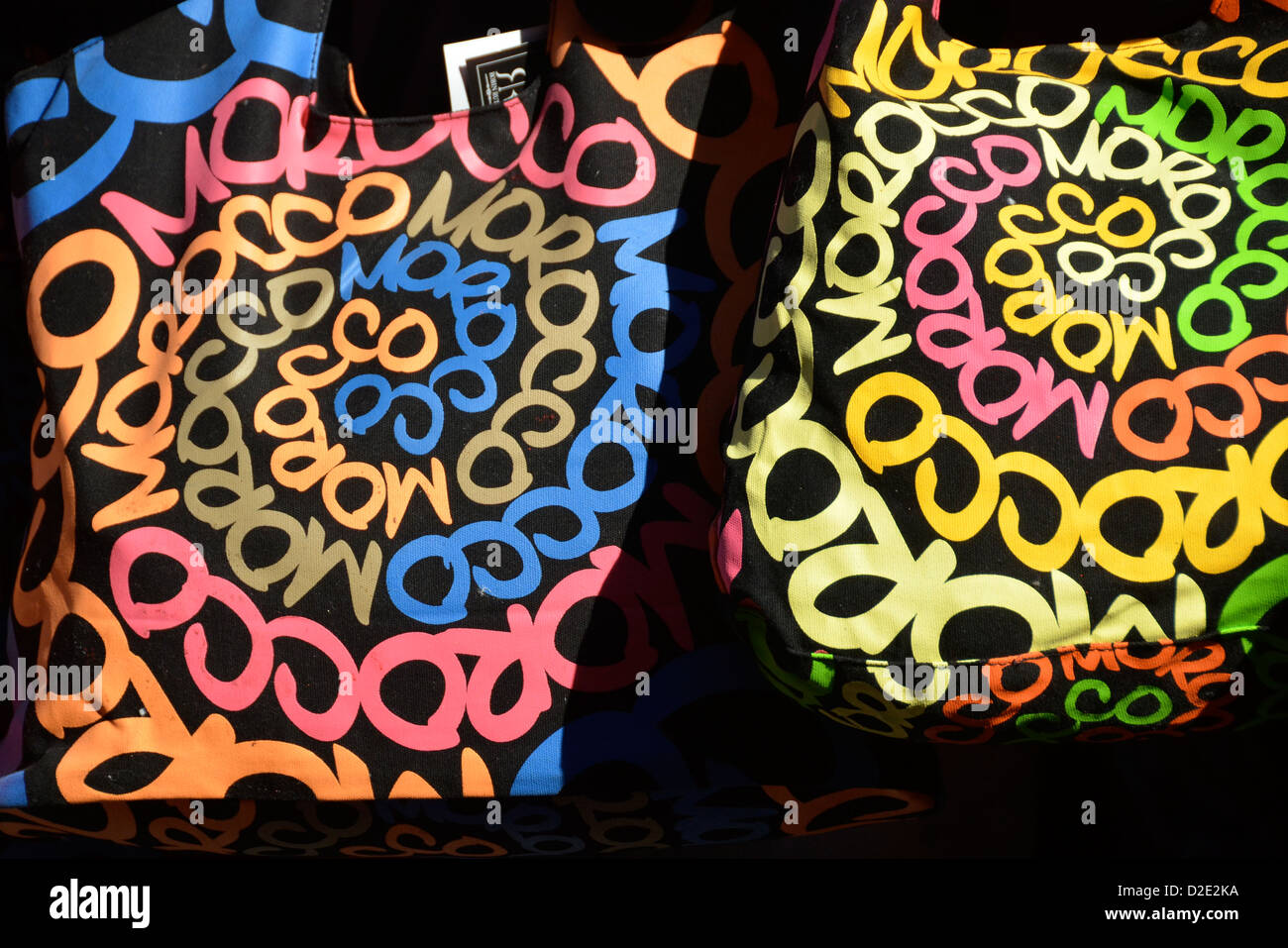 Bright Moroccan bags, with Morocco lettering Stock Photo - Alamy