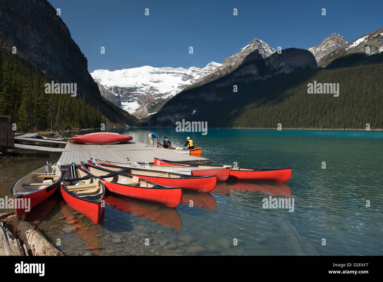 RED CANOES BOAT DOCK LAKE LOUISE VICTORIA GLACIER MOUNT VICTORIA BANFF ...