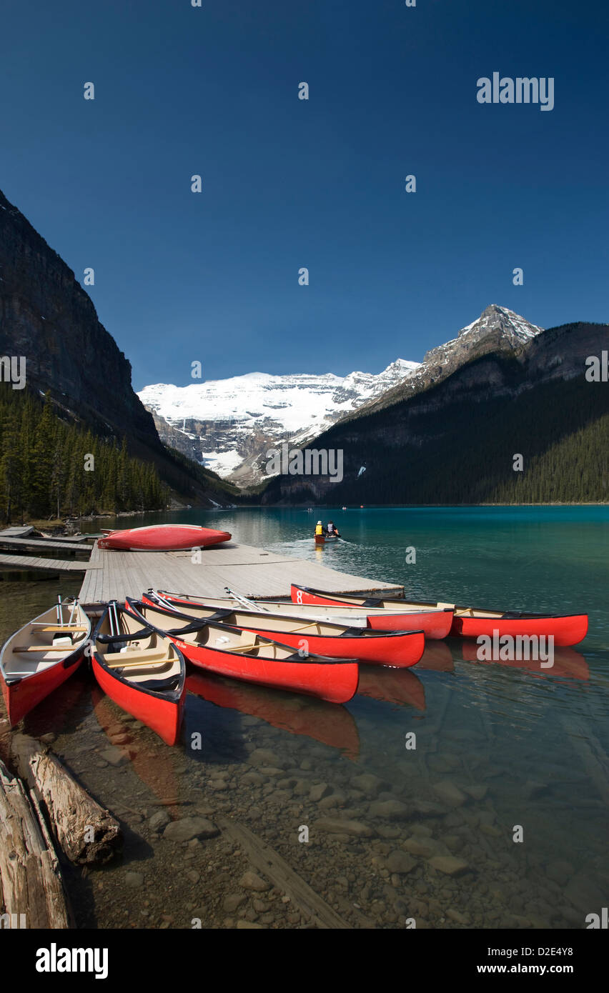 RED CANOES BOAT DOCK LAKE LOUISE VICTORIA GLACIER MOUNT VICTORIA BANFF ...