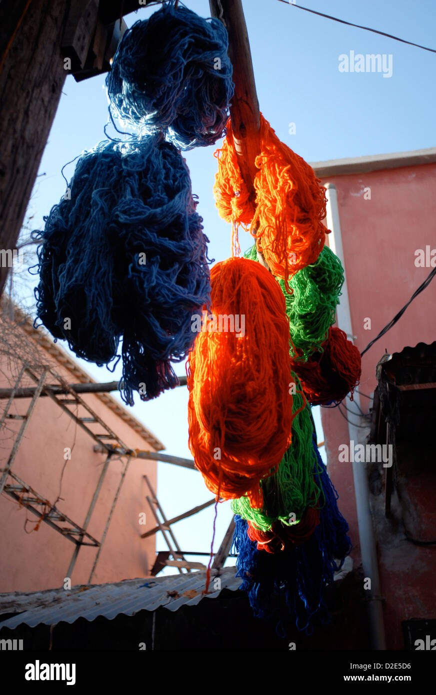 dyed wool drying in the sun in the medina marrakesh Stock Photo - Alamy