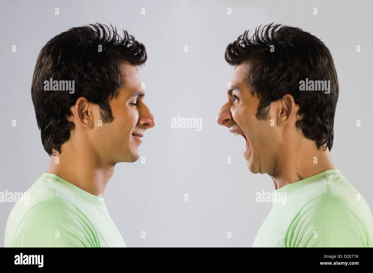Digital composite image of a man yelling at self Stock Photo - Alamy