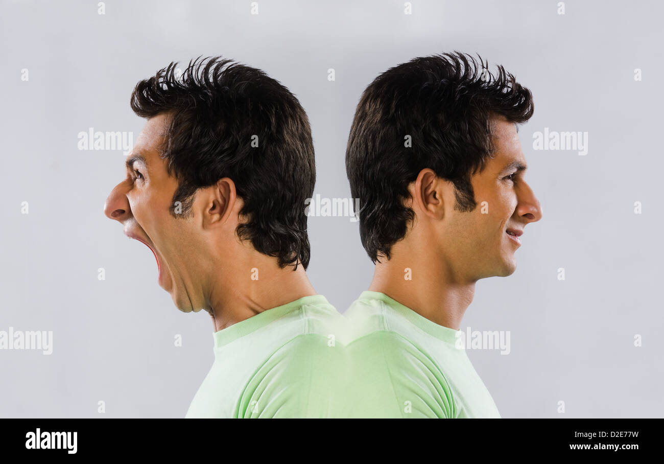 Digital composite image of a man yelling at self Stock Photo - Alamy