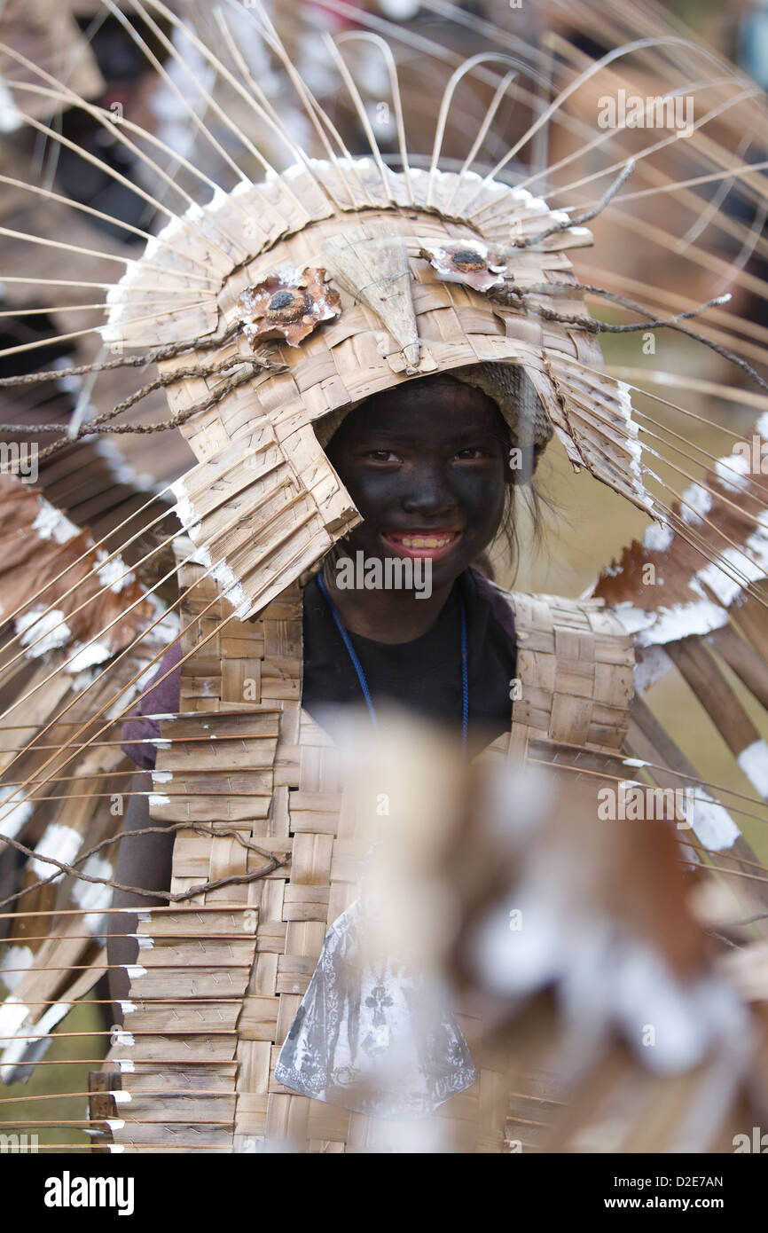 smiling child in tribal costume, Ati-Atihan festival 2013,Kalibo,Aklan ...