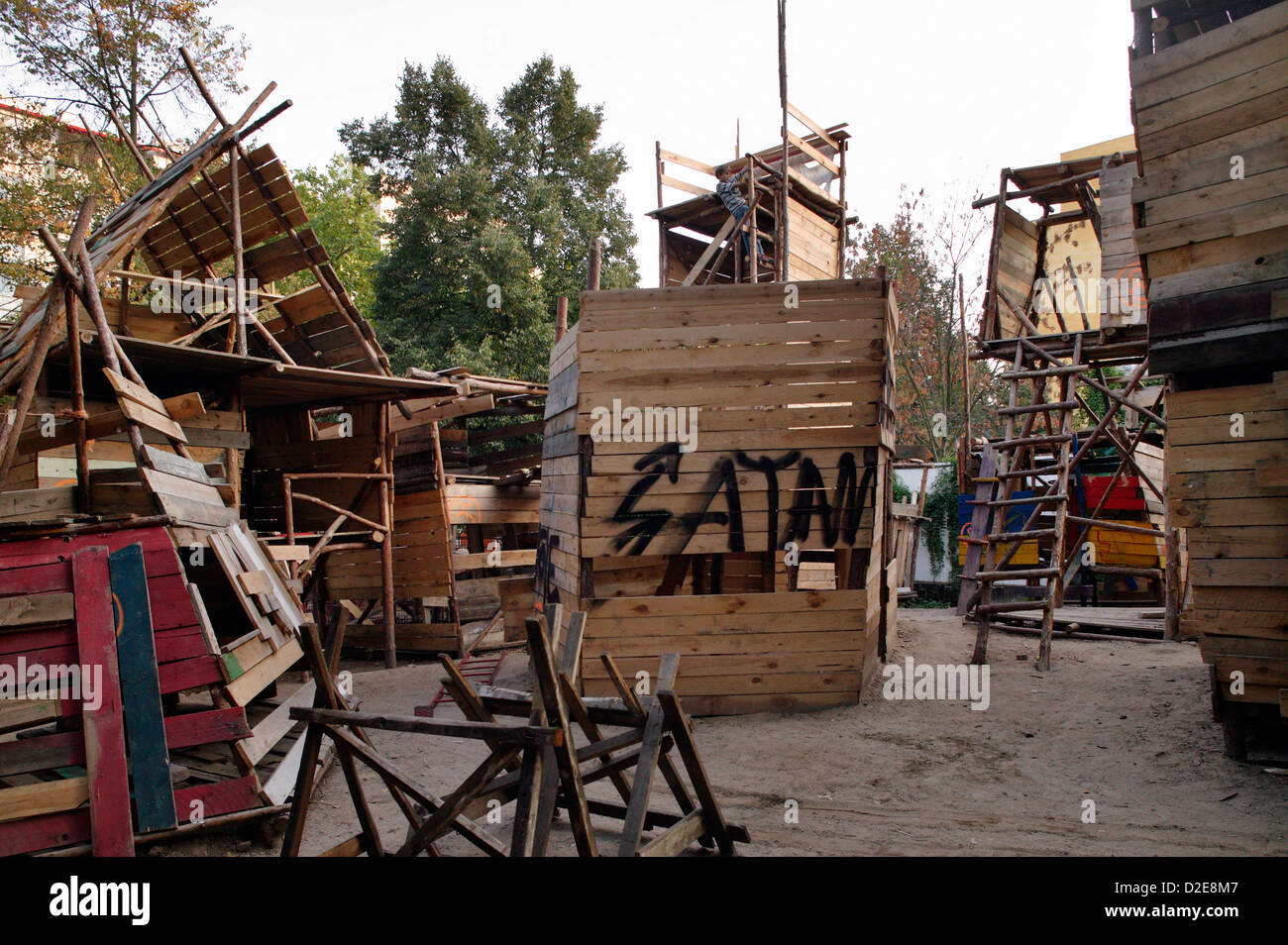 Berlin, Germany, wooden huts on an adventure playground in Prenzlauer ...