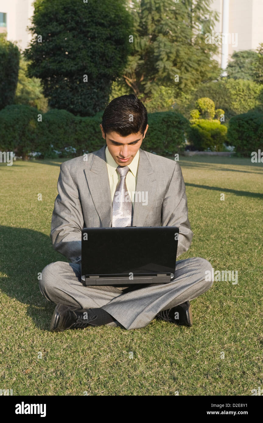 Businessman using a laptop in a park Stock Photo - Alamy