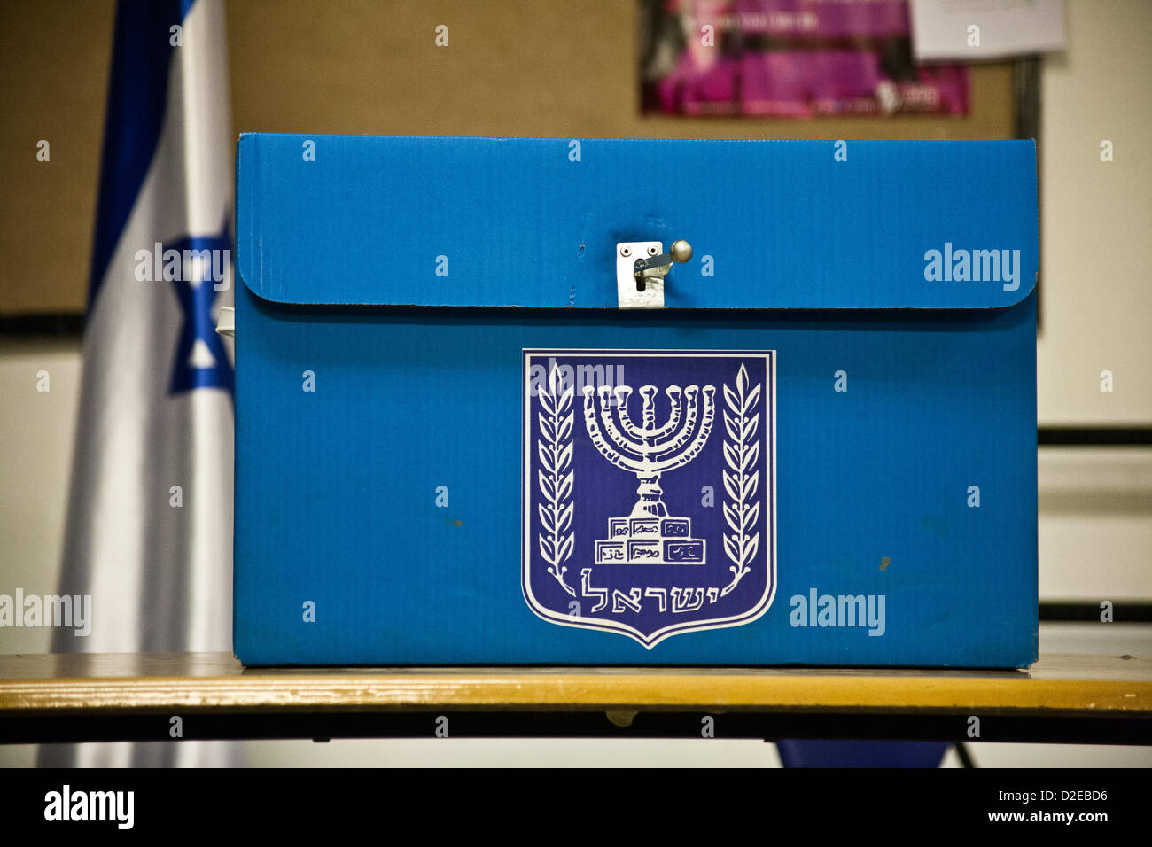 A sealed ballot box is ready for the 19th Knesset elections at a ...