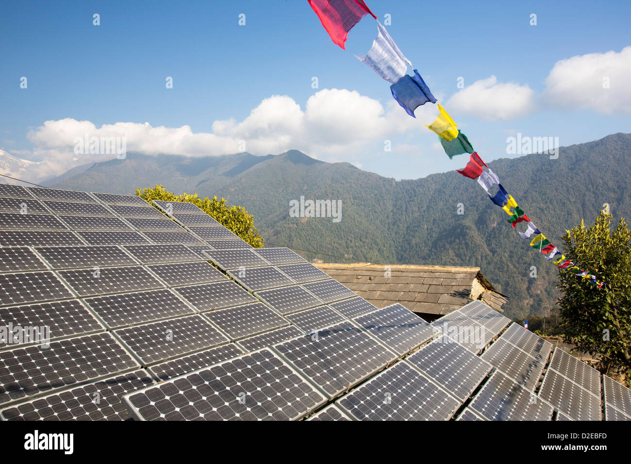 Solar photo voltaic panels at Ghandruk in the Himalayas, Nepal, being ...