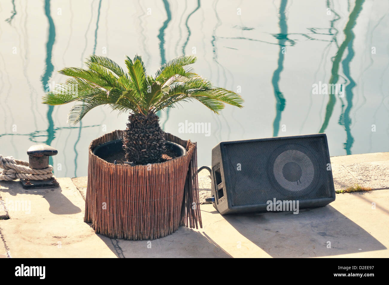decoration palm plant and sound speaker on the edge of the pier with ...