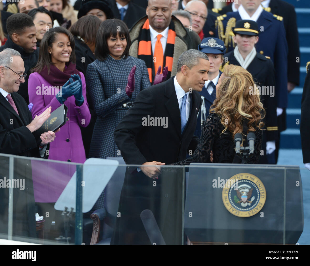 President Barack Obama greets Beyonce after she sang the National the ...