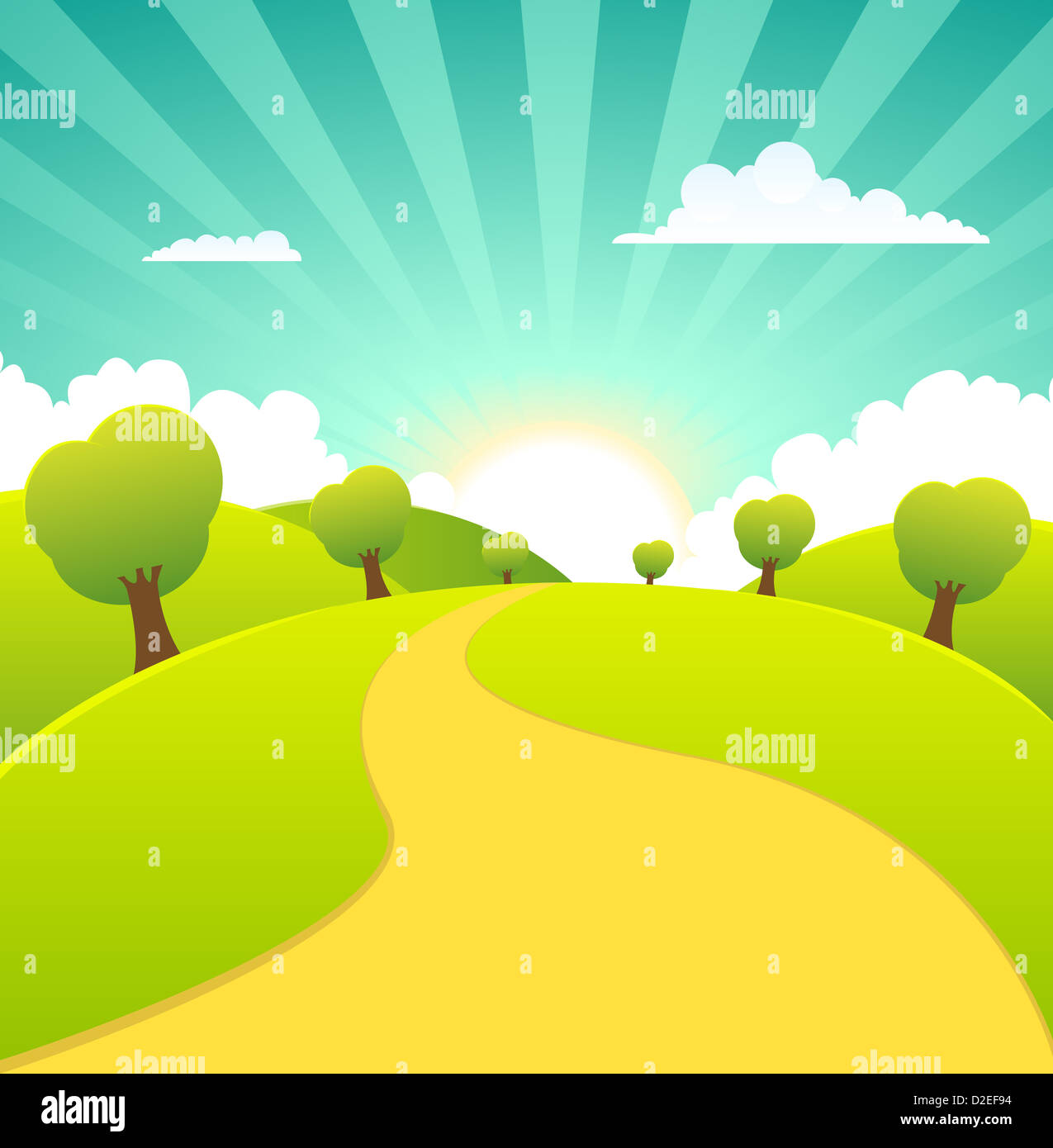 Illustration of a cartoon summer or spring season rural landscape Stock ...