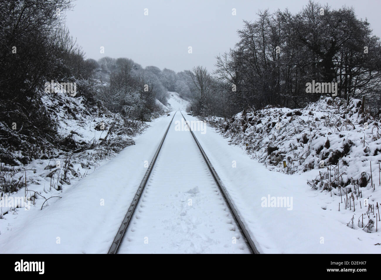 Snow on Train Line Stock Photo - Alamy