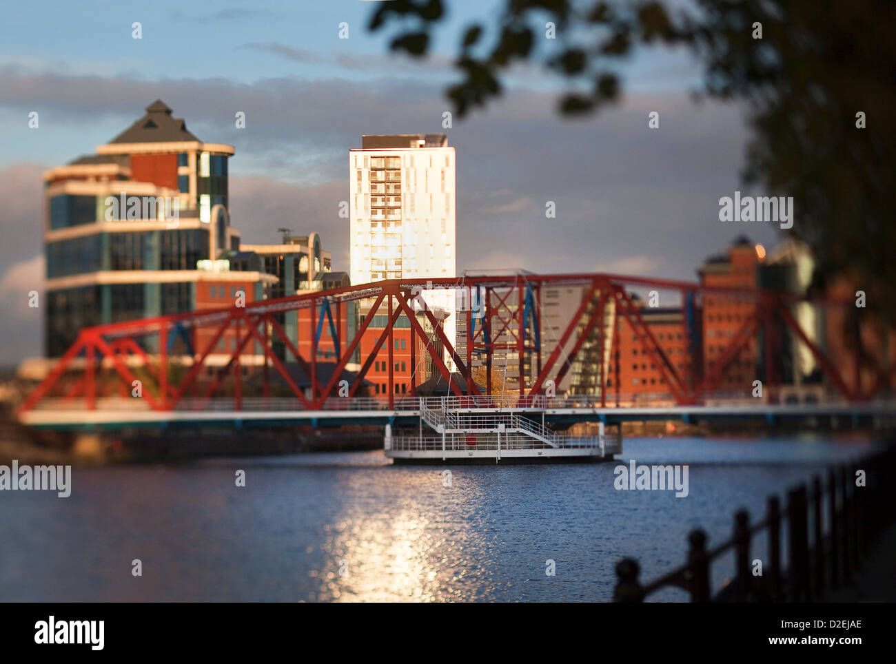 Salford Quays Gtr Manchester red Detroit bridge in the evening light ...