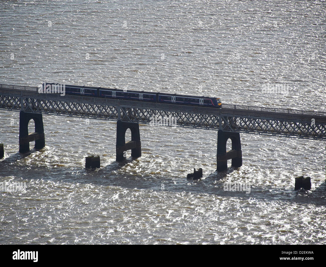 Scotrail Train on the Tay rail bridge, Dundee, Tayside, Scotland, the ...
