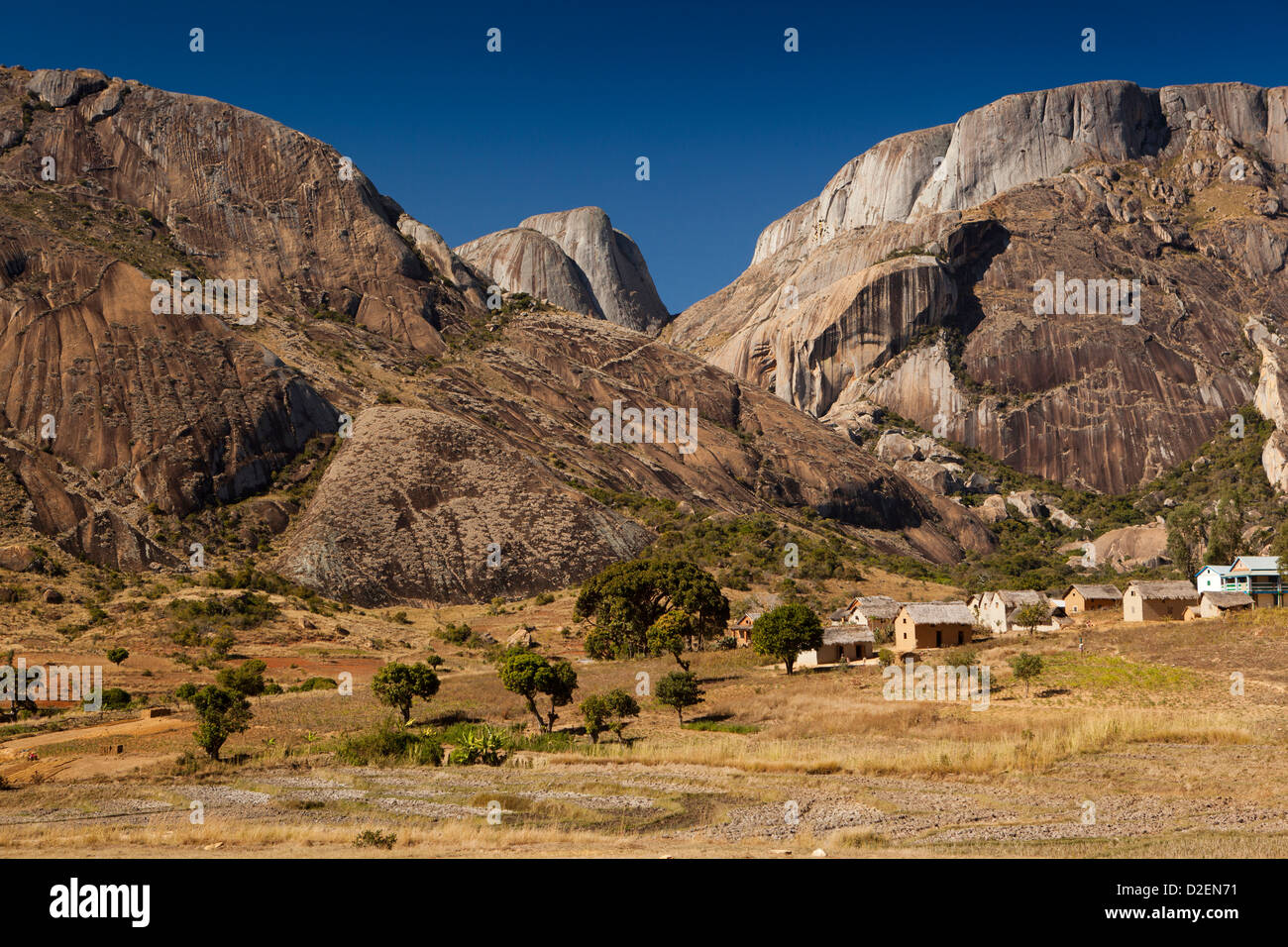 Madagascar, Ambalavao, Reserve dAnja with rocky mountains behind Stock ...