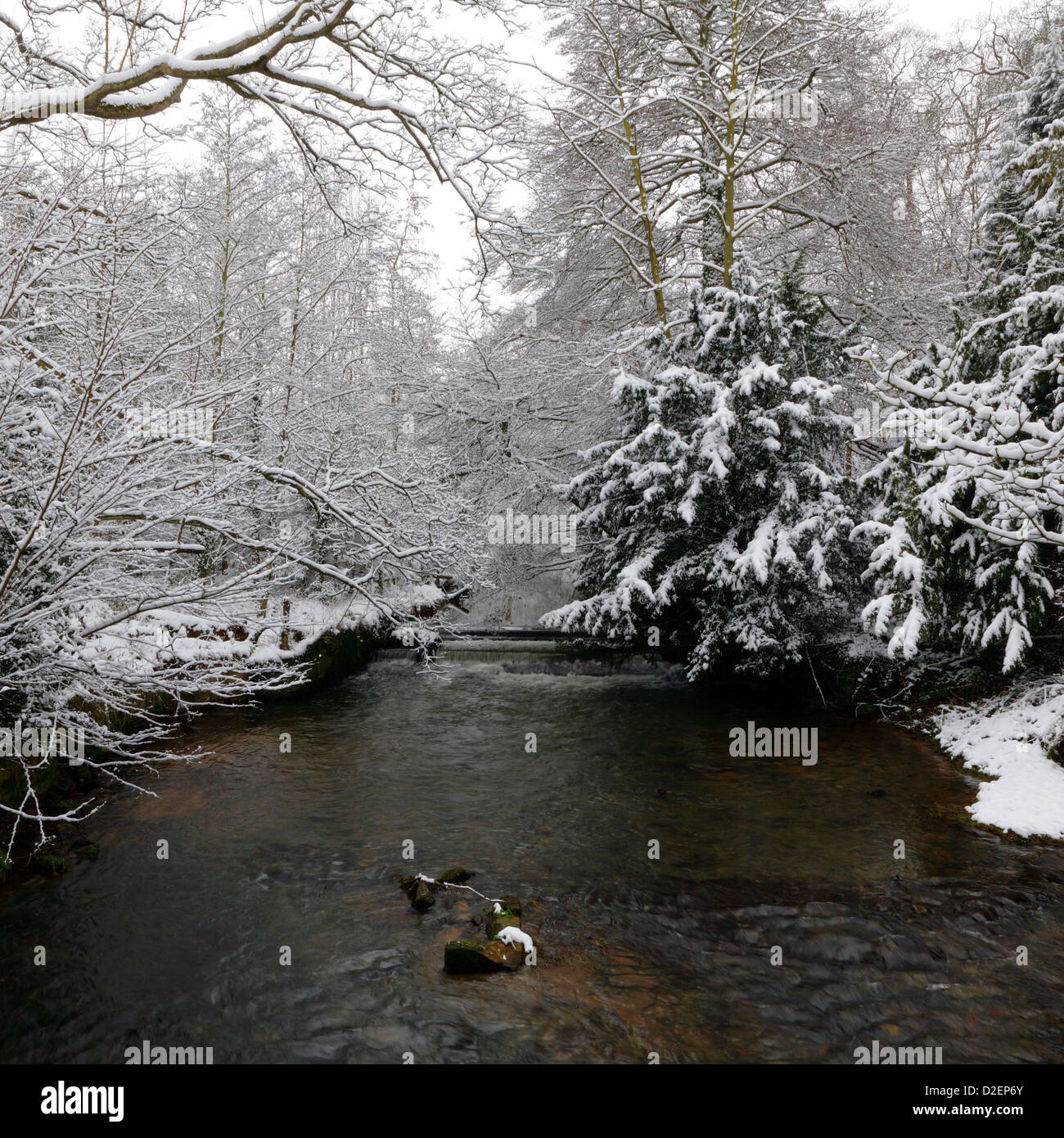 Wintry scene viewed from Longnor road bridge in the county of ...
