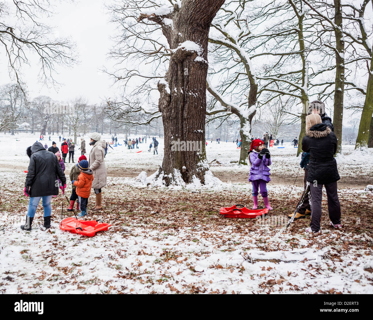 Families with pets and sleds enjoying the snow in snowy Richmond Park ...