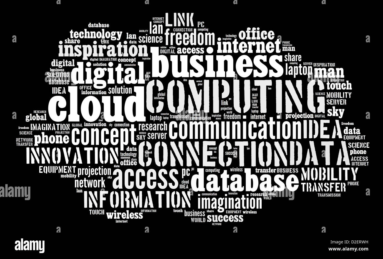 Cloud computing pictogram with white words on black background Stock ...