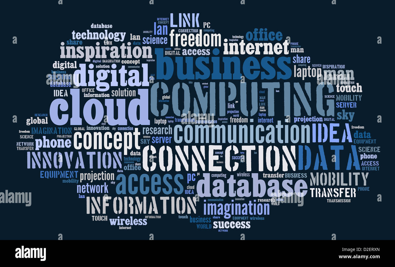 Cloud computing pictogram with blue and white words on blue background ...