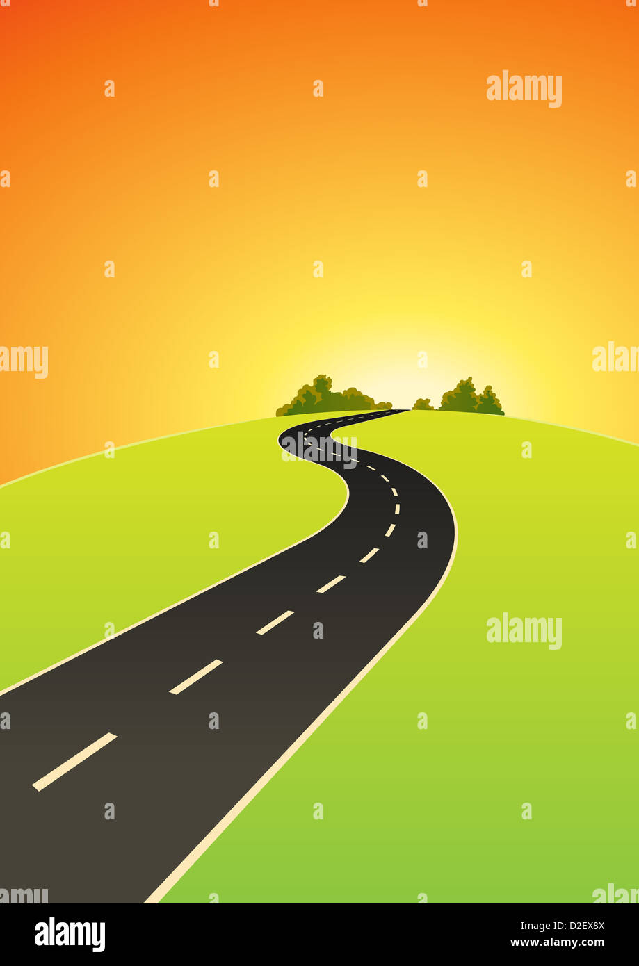 Illustration of a cartoon road going towards horizon in the sunrise ...
