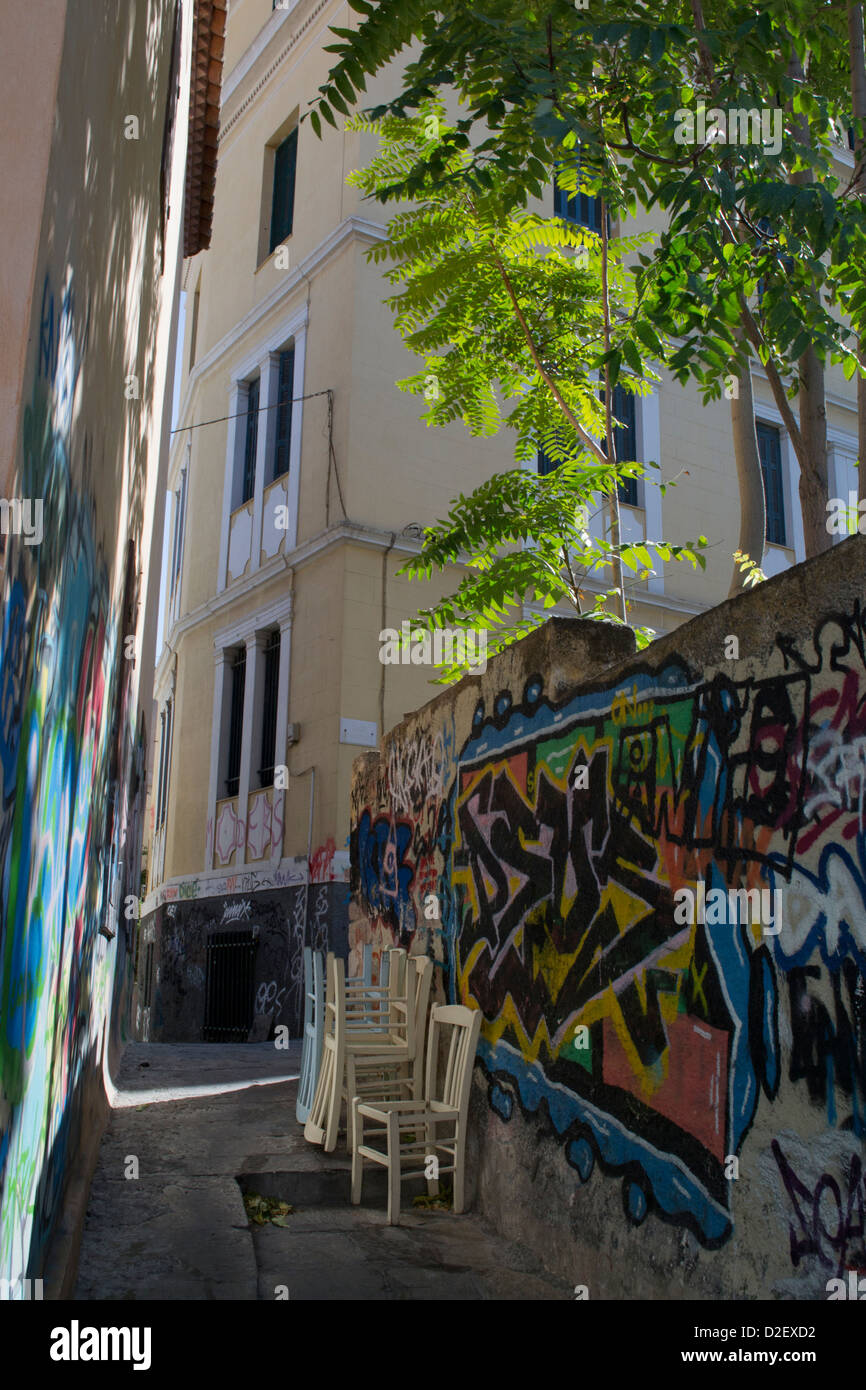 A small, graffiti painted, street in Plaka, Central Athens Stock Photo ...