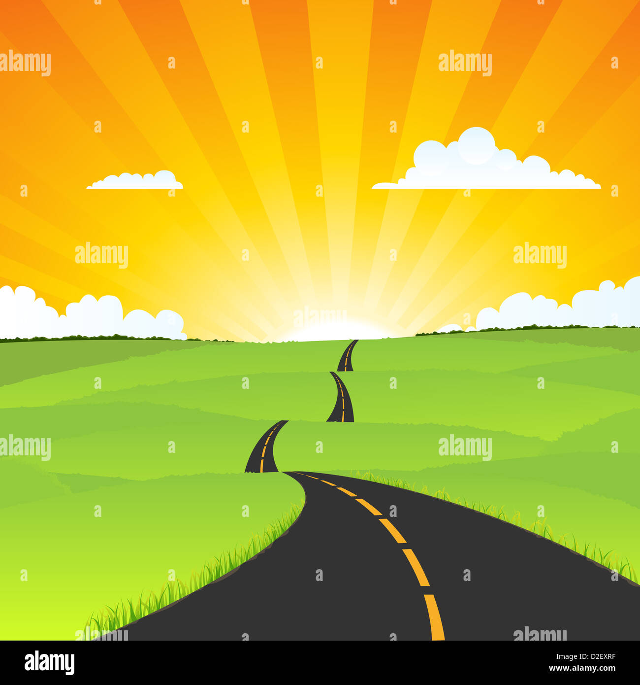 Illustration of a long cartoon road inside rural landscape, symbolizing ...