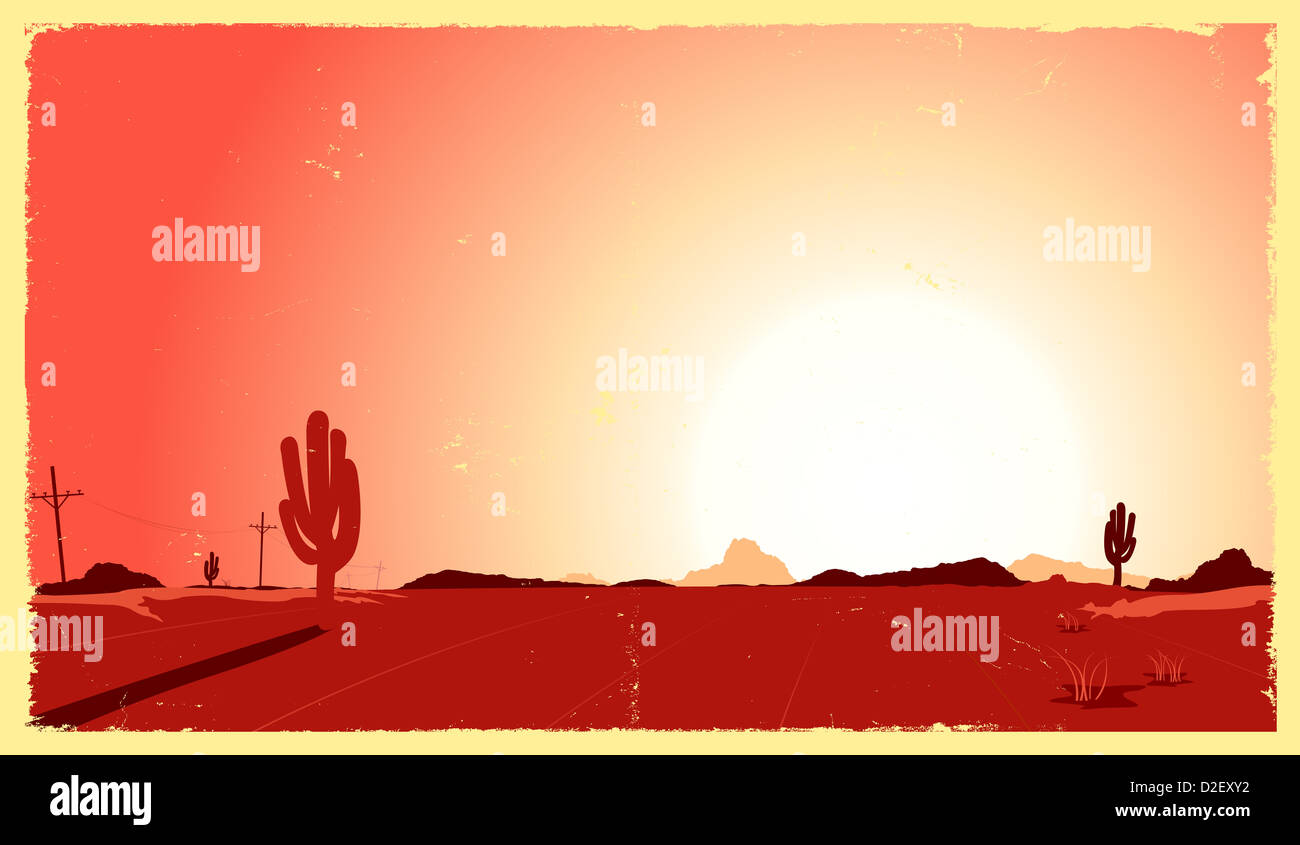 Illustration of a vintage desert landscape in the sunset Stock Photo ...